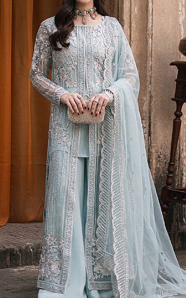Azure Sky Blue Net Suit | Pakistani Embroidered Chiffon Dresses USA