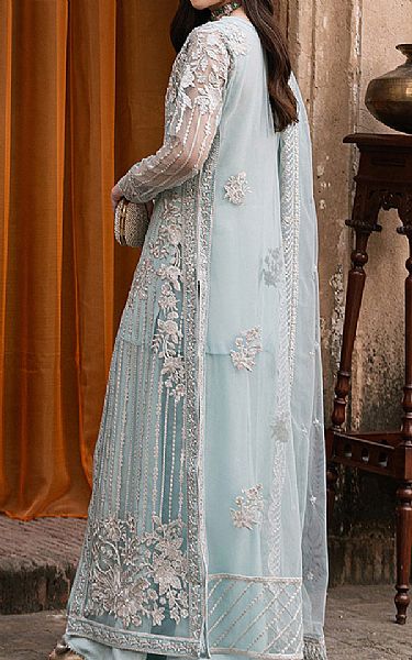 Azure Sky Blue Net Suit | Pakistani Embroidered Chiffon Dresses USA